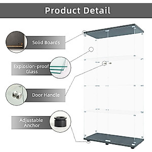 LFT HUIMEI2Y Glass Display Cabinet 4-Shelf with Double Door, Curio Cabinets Fast Installation in 30 Mins, Tempered Glass Floor Standing Bookshelf for Bedroom, Living Room 64.7”x 32”x 14.4” Black