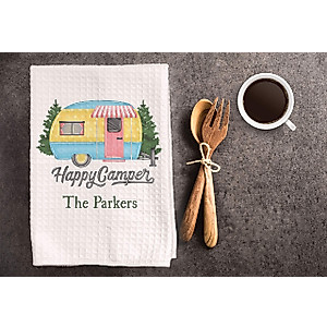 CANARY ROAD Happy Camper Waffle Weave Dish Towel | Personalized Kitchen Towel | Travel Trailer Gift | Camper Accessories | Personalized Dish Towel | Camper Decor