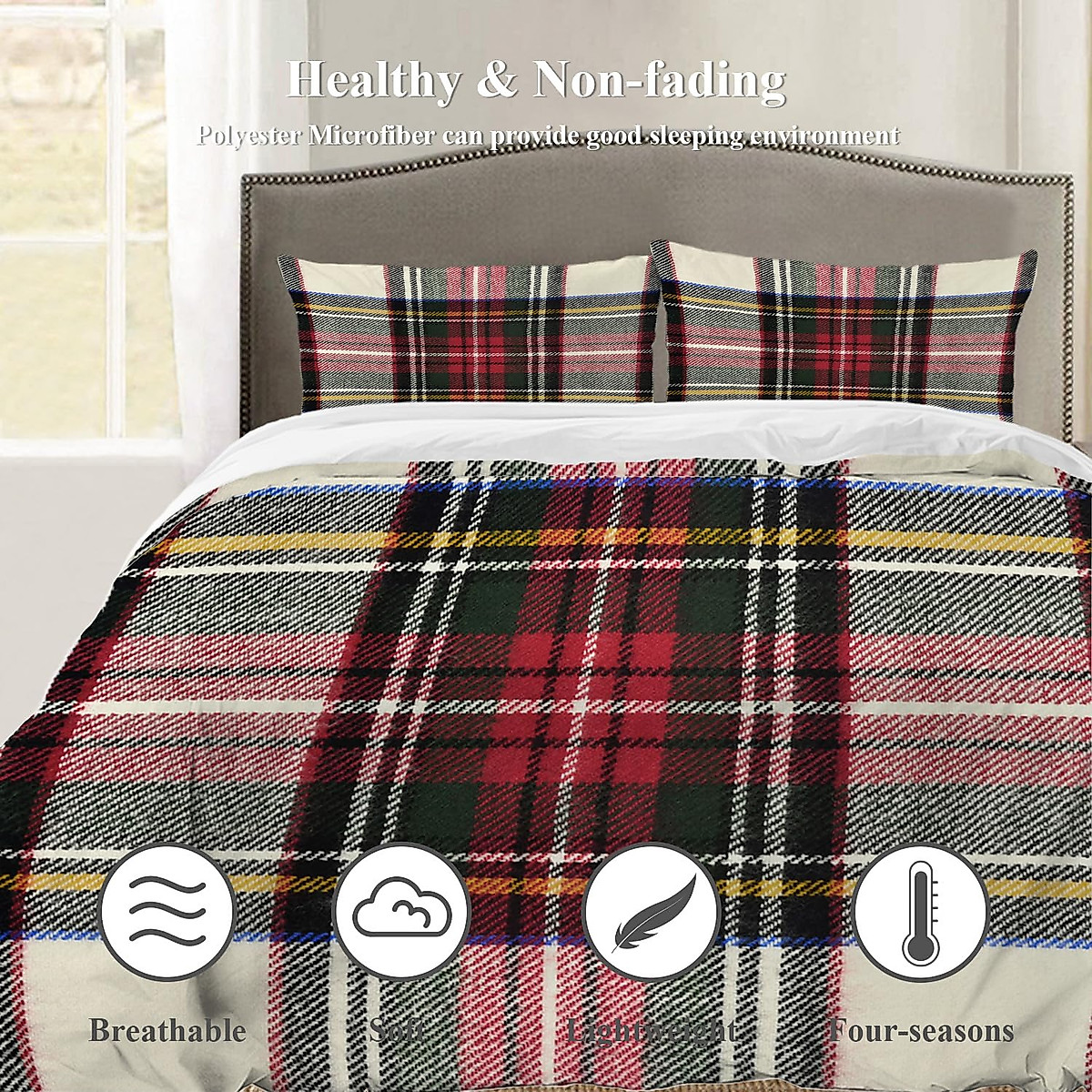Shrahala Scottish Tartan Duvet Cover Set Queen Size, Green Wool Plaid Symmetric Square Fashion 3 Pieces Soft Brushed Duvet Covers with Button Closure (No Comforter)