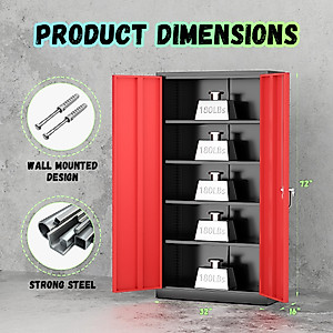 INTERGREAT Metal Storage Cabinet, 72" Tall Locking Storage Cabinet with 2 Doors and 4 Adjustable Shelves, Steel Tool Locking Cabinet for Home Office, Warehouse, School (Black Red)
