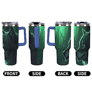 LLUTSNTH 40 Oz Vacuum Tumbler with Deep Blue Handle Leakproof Insulated Tumbler Green Wolf Stainless Steel Travel Mug with Lid And Straw Coffee Cup Cute Water Bottles Cup Holder Friendly