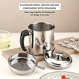 Kyraton Bacon Grease Container With Strainer, 48 oz Stainless Steel Oil Container, Pot Fat Storage With Lid, Easy Grip Handle Suitable For Storing Frying Oil And Cooking Grease