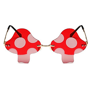 JOVAKIT Mushroom Shaped Sunglasses for Women Men Vintage Rimless Sun Glasses Retro rave Party Halloween Eyeglasses (Gold/Red)