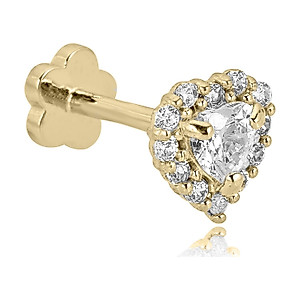 AVORA 14K Yellow Gold Heart-Shaped Simulated Diamond CZ Halo Cartilage Piercing Flat Back Earring Body Jewelry (18 Gauge)