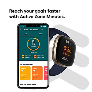 Fitbit Versa 3 Health & Fitness Smartwatch with GPS, 24/7 Heart Rate, Alexa Built-in, 6+ Days Battery, Midnight Blue/Gold, One Size (S & L Bands Included) (Renewed)