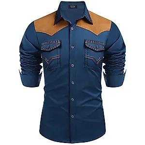 COOFANDY Mens Shirt Western Cowboy Embroidered Long Sleeve Slim Fit Casual Cotton Button Down Hippie with Pockets, Blue, Large, Long Sleeve