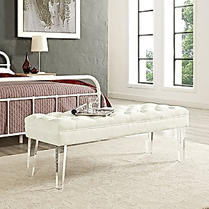Modway Valet Tufted Button Performance Velvet Upholstered Bedroom Or Entryway Bench with Acrylic Legs in Ivory