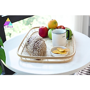 PEMAR Set of 4 Bamboo Wicker Serving Trays for Foods & Drinks, Rectangular Breakfast Trays with Handles Wooden Decorative Trays for Coffee Table Bamboo Home Decor Lap Trays