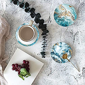 Coasters for Drinks with Holder Set of 6,Marble Blue Ocean Style Absorbent Ceramic Coasters with Cork Base,No Scratched and Soiled