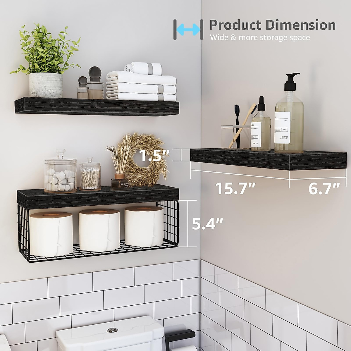QEEIG Black Bathroom Shelves Over Toilet Wall Mounted Floating Shelves Farmhouse Shelf Toilet Paper Storage Small 16 inch Set of 3 (019-B3)