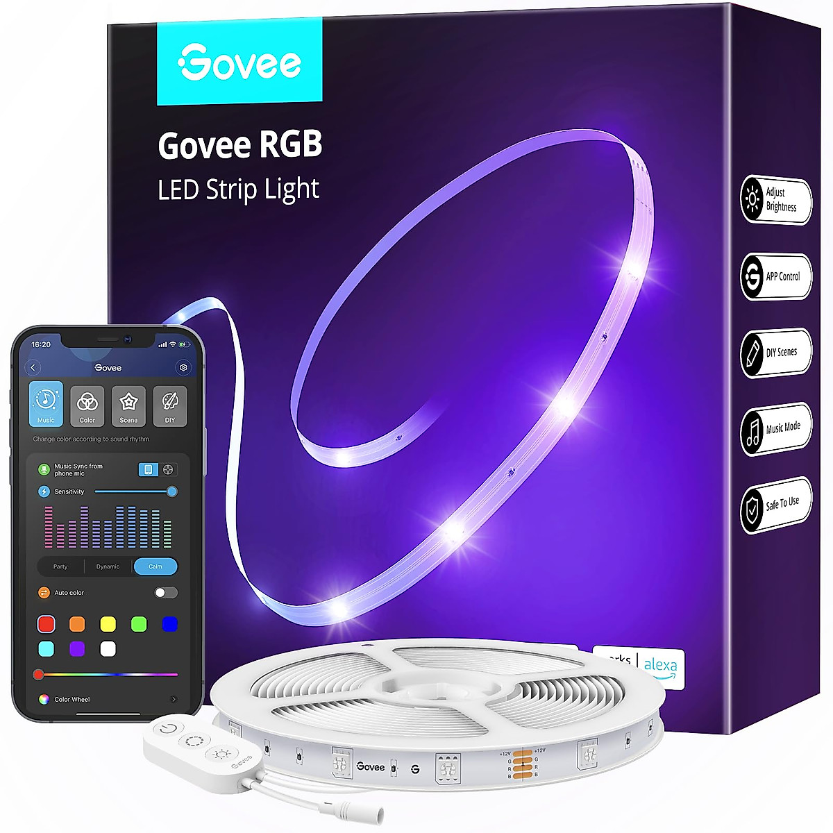 Govee LED Strip Lights, 65.6ft WiFi RGB Strip Lights Work with Alexa and Google Assistant, Smart App Control, 64 Scenes, Music Sync, DIY LED Lights for Bedroom, Kitchen, Party, Living Room, TV
