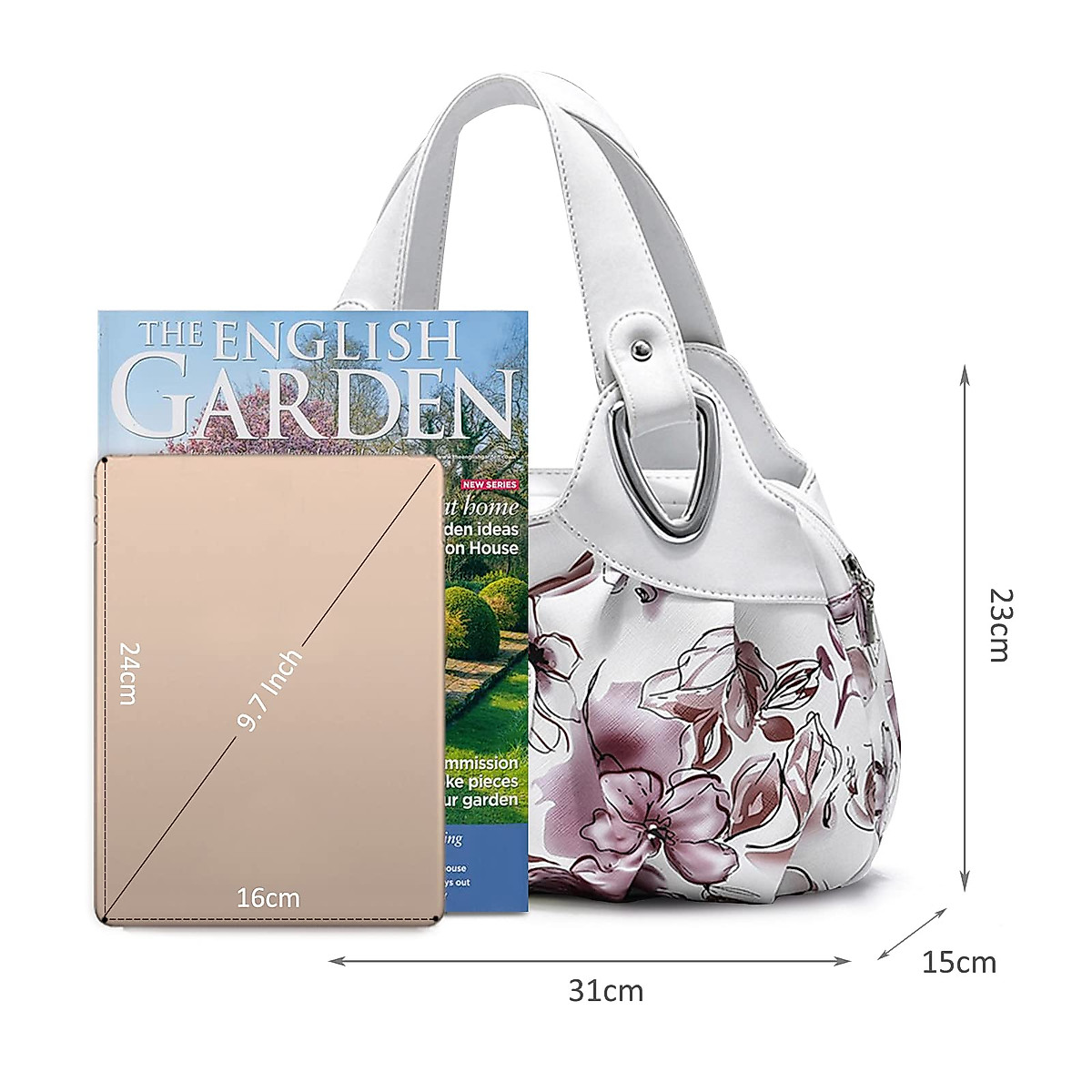 NICOLE & DORIS Ladies Fashion Handbags Elegant Top-handle Bags for Women Floral Shoulder Bags PU Leather Travel Handbag Tote White Handle/Pink Flower