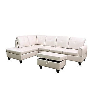 EZLUX Pearl White Faux Leather L-Shaped Left Chaise Sectional Sofa Couch Set with Ottoman for Living Room