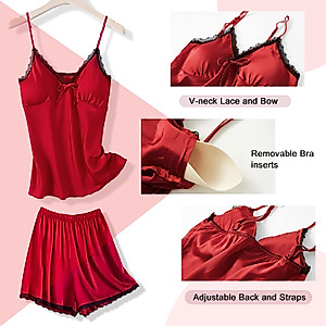 Arwser Women's Silk Satin Pajamas Set 4 Pcs Sleepwear Cami Top Pjs with Shorts and Robe Red