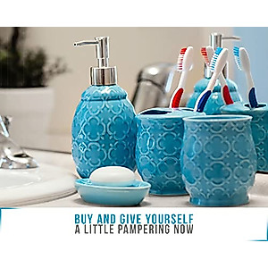 Designer 4-Piece Bathroom Accessory Set – Ceramic Bath Set w/Liquid Soap or Lotion Dispenser, Toothbrush Holder, Tumbler and Soap Dish – Decorative Set w/Embossed Details – Modern Vanity Accessories