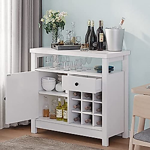 4ever2buy White Coffee Bar Cabinet with Storage, Kitchen Buffet Cabinet with Barn Door, Farmhouse Coffee Bar with Adjustable Shelf, Small Coffee Bar Table with Drawer Open Shelf, Dining Living Room
