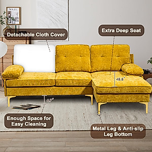 PALLOME 84" Convertible Sectional Sofa Couch, L Shaped Sofa Couch with Reversible Chaise, Chenille 3-Seat Lounge Couch, Sleeper Sofa Bed for Small Space, Living Room, Apartment (Yellow)