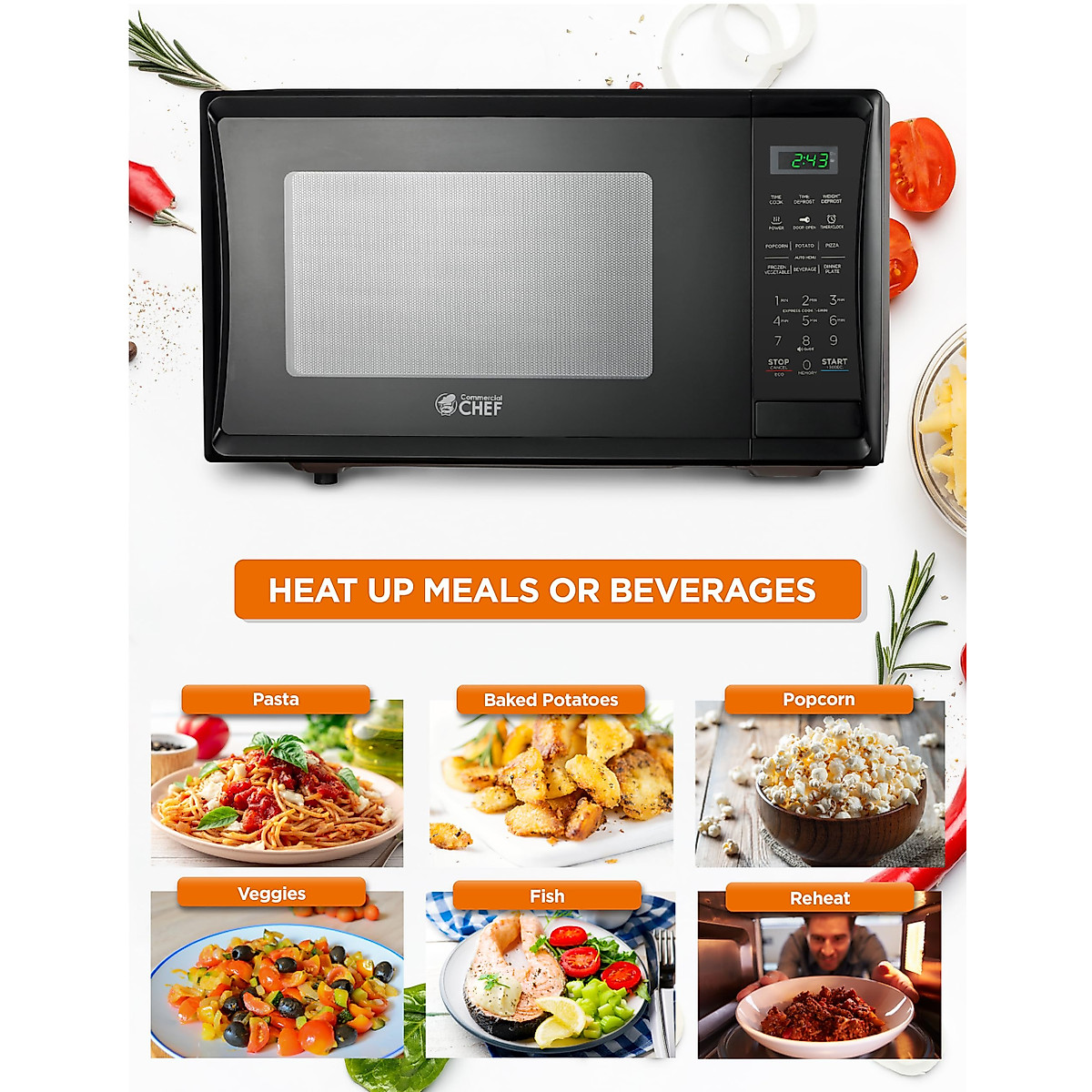 COMMERCIAL CHEF 1.1 Cu Ft Microwave with 10 Power Levels, Microwave 1000W with Push Button Door Lock, Countertop Microwave with Microwave Turntable and Digital Controls, Black