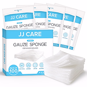 JJ CARE Sterile Gauze Pads 4" x 4" (Pack of 100), 12-Ply Cotton Gauze Pads, Individually-Wrapped Sterile Gauze Sponges, 100% Woven, Non-Stick Medical Gauze Pads for First Aid Kit & Wound Care