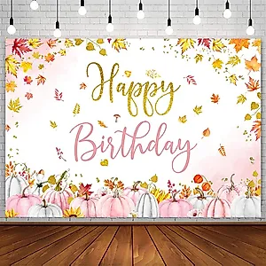 AIBIIN 7x5ft Happy Birthday Backdrop for Sweet Grils Fall Birthday Party Decorations Blush Pink Pumpkins Gold Glitter Maple Leaf Photography Background Bday Banner Photo Shoot Props