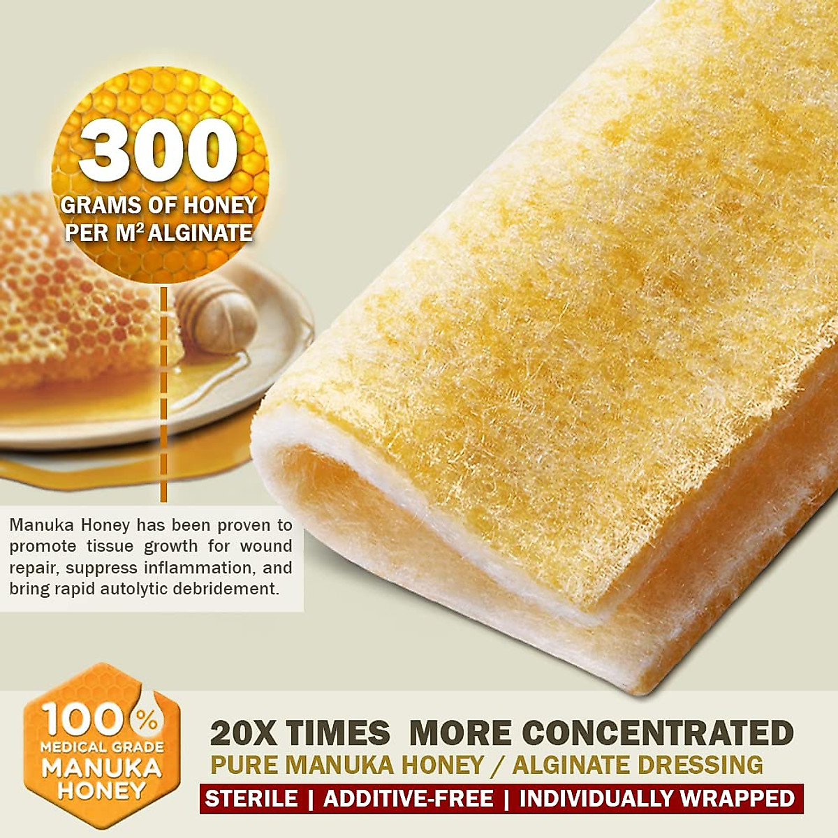 EVERLIT Honey Calcium Alginate Dressing 2” x 2” Pack of 10 | Sterile, Highly Absorbent Dressing With Pure Manuka Honey | Advanced Wound Care For Cuts, Skin Tears, Burns, Pressure Sores, Diabetic Ulcer