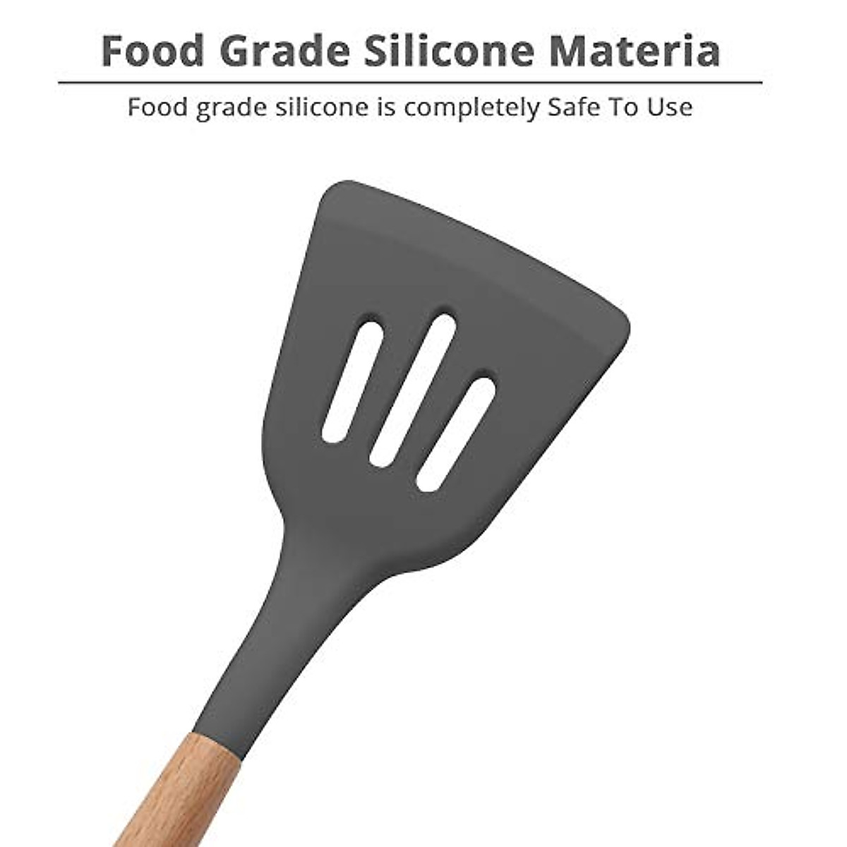 KUFUNG Silicone Slotted Spatula, High Heat Resistant to 480°F, BPA Free, Food Grade Slotted Turner, Wooden Handle Nonstick Flipper for Fish, Eggs, Omelets, Burgers, Hashbrowns, Pancake (Grey)