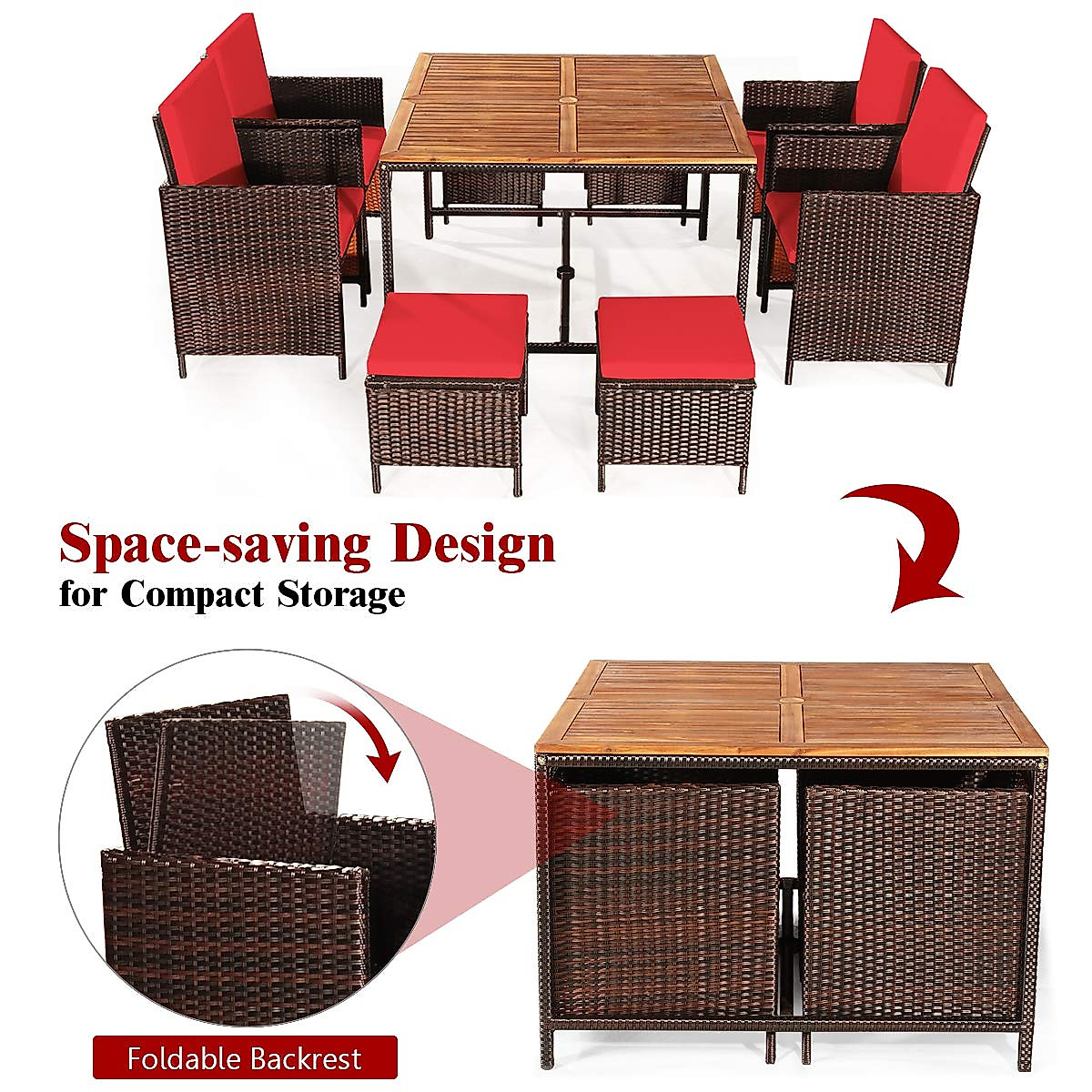 Tangkula 9 Pieces Acacia Wood Patio Dining Set, Space Saving Wicker Chairs and Wood Table with Umbrella Hole Outdoor Furniture Set, Suitable for Garden, Yard, Poolside, Outdoor Seating Set