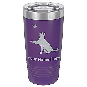 LaserGram 20oz Vacuum Insulated Tumbler Mug, Cat with Butterfly, Personalized Engraving Included (Dark Purple)