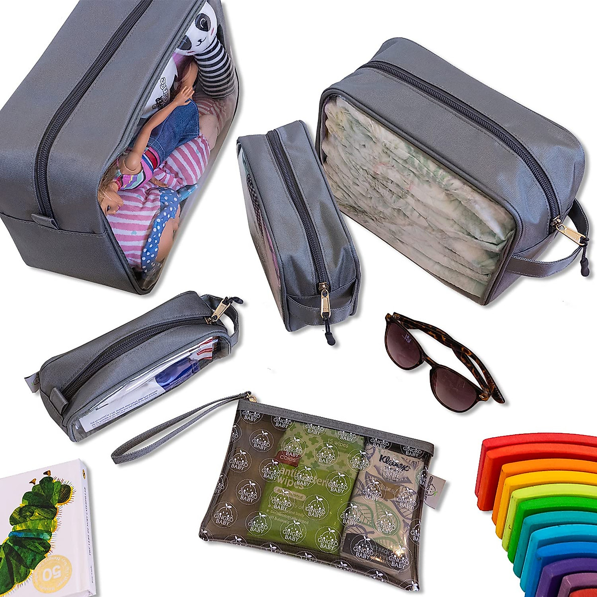 Gingko Baby Supa Tough Diaper Bag Organizing Pouches Set of 5 - Premium Quality Clear Organizer Inserts - Versatile Wipe Clean Baby Packing Cubes - Nursery and Travel Organization (Silver Grey)