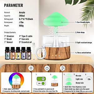 Rain Diffuser, App Control Snuggling Cloud Diffuser with 5 Essential Oils, 7 Changing Colors Night Light, Mushroom Humidifier for Sleeping Relaxing Mood Rain Drop Sound, Wood