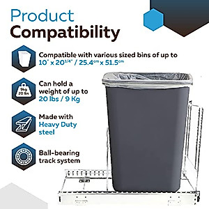 ROONOVA: Pull Out Bin Rack | Durable Chrome Finish & Adjustable Frame | Heavy Duty Steel | Slides Under Kitchen Cabinet | Trash Can Clips | Compatible with Various Size Bin | Trash Can Not Included