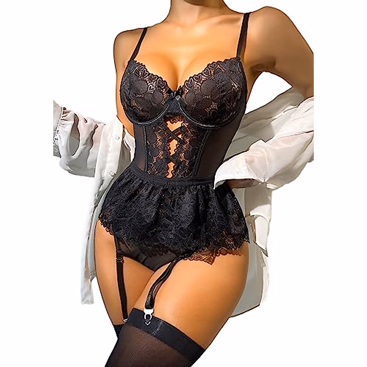 Pyroluna Women Sexy Garter Lingerie Set with Belt and Stocking Lace Underwire Bodysuit Teddy Snap Crotch Design (Black, Medium)