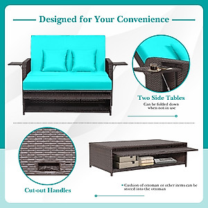 RELAX4LIFE Wicker Patio Outdoor Daybed - Rattan Day Bed Lounger with Loveseat & Storage Ottoman, Sunbed Sofa Set w/Cushions, 4-Level Adjustable Backrest & 2 Retractable Trays, Patio Daybed (Turquoise)