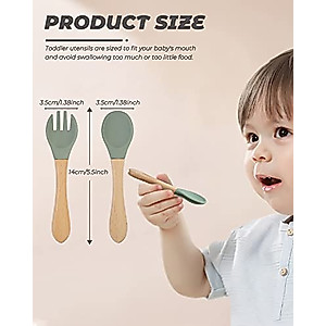 10 Pieces Bamboo Baby Spoons & Baby Forks Set, Chewable Baby Utensils for Self-Feeding, Bamboo and Silicone Baby Utensils, Kids Utensils for Over 6 Months Babies