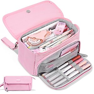 Sooez Super Large Pencil Case, Big Capacity Pencil Bag with 3 Compartments, Hold 200 pencils, Cute Pencil Pouch with Zipper, Portable Stationery Pen Bag, Aesthetic School Supplies For Girls, Pink