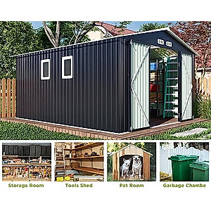 VanAcc 10x12x7.5 FT Outdoor Storage Shed, Galvanized Steel Metal Garden Sheds Kit with 2 Light Transmitting Window and Double Lockable Door, Oversized Tool Sheds for Backyard Patio Dark Grey/White