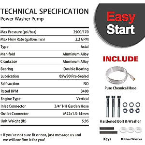 YAMATIC 7/8" Shaft Vertical Pressure Washer Pump, 2200-2500 PSI @2.2 GPM Replacement Pump for Troybilt, Briggs&Stratton, AR srmw2.2g26, srmw2.2g24, Honda gcv160 Front Inlet/Outlet