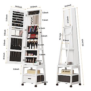 IDEALHOUSE 360° Swivel Jewelry Cabinet with Large Storage Capacity, Rotatable Full Length Mirror with Jewelry Storage, Lockable Floor Standing Jewelry Armoire Organizer with Drawer and Wheels, White