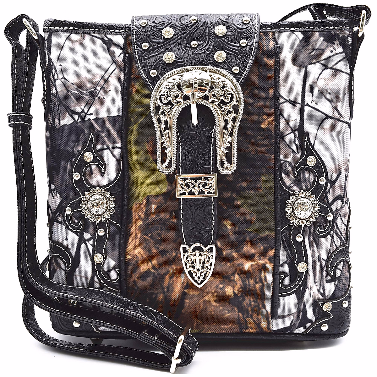 Camouflage Rhinestone Cross Pistol Buckle Western Crossbody Handbags Cowgirl Country Studded Purse Women Single Shoulder Bag (#1 Black)