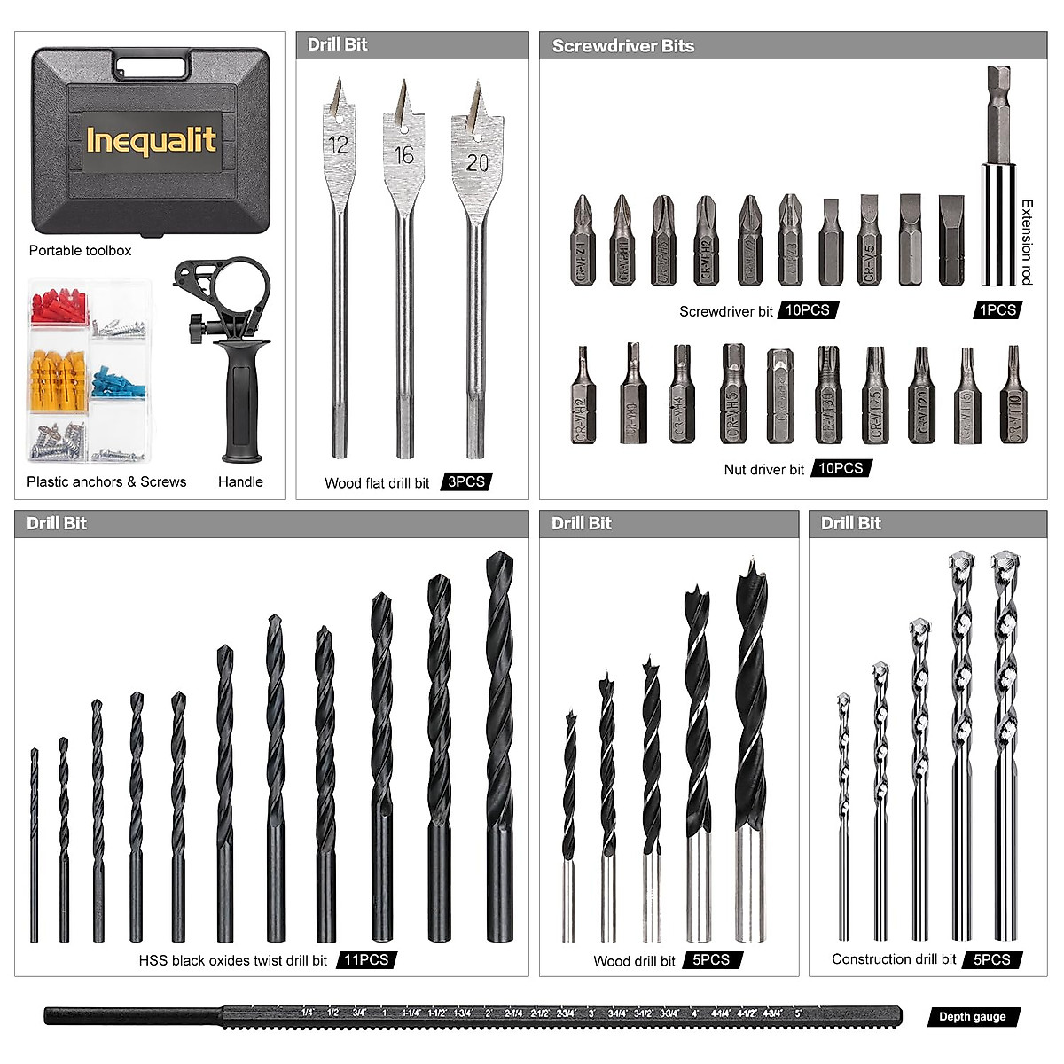 Inequalit 4.5Amp 0-3000 RPM Corded Hammer Drill, 1/2 Inch Chuck Impact Drill with 105-Piece Accessory Set, Adjustable Speed Control, 360° Swivel Handle, Depth Gauge and Portable Carrying Case