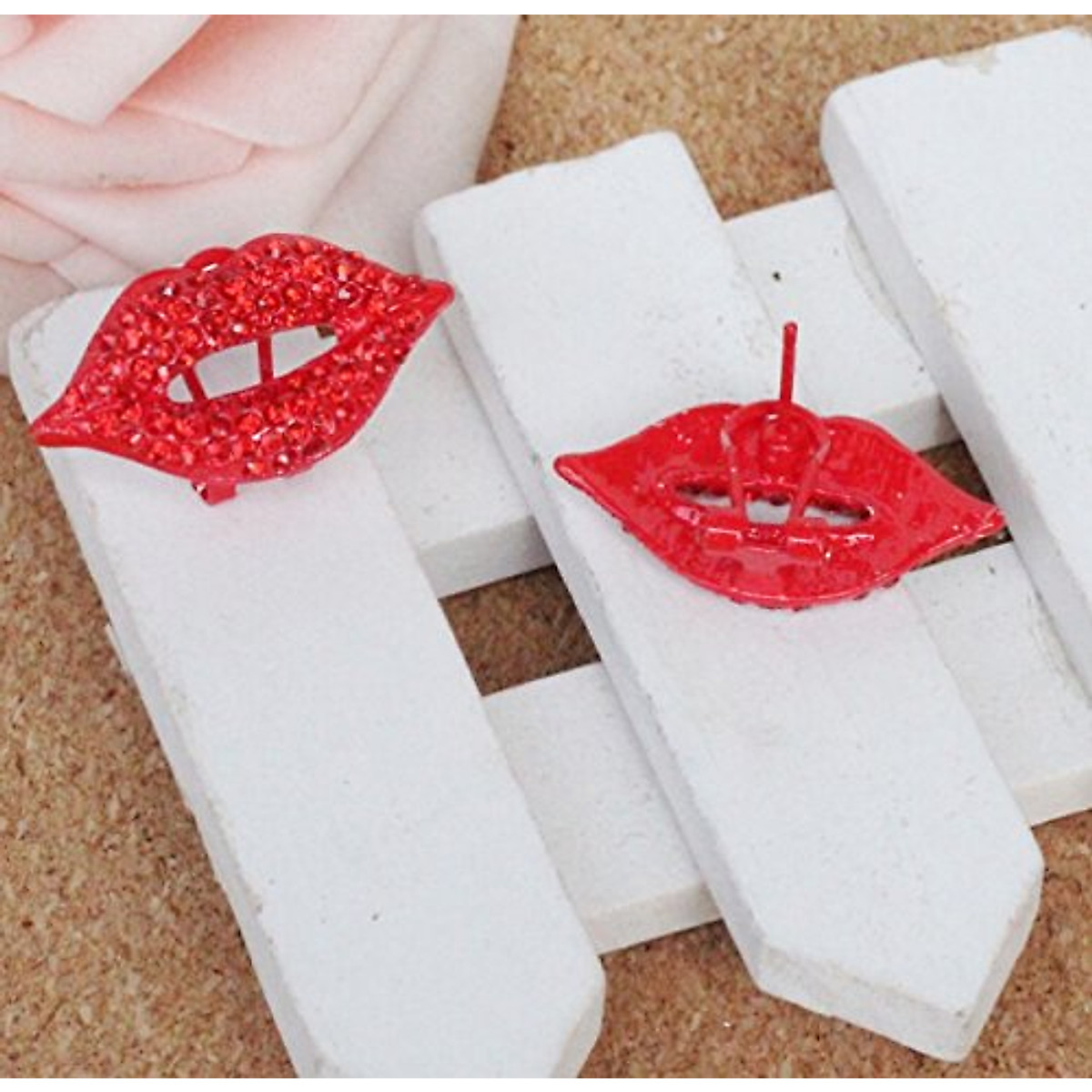 Fashionable Cute Sparkling Red Crystal Embellished Lips Kiss Stud Earrings for girls, teens and women (Red)