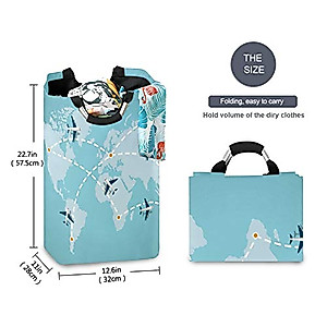 CiCily Laundry Hamper Bucket Foldable Storage Bin World Map Airplanes for Home Organizer Nursery Storage Baby Hamper Kids Room