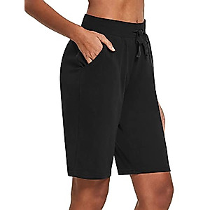 BALEAF Womens Exercise,Basketball,Fitness,Jogging,Walking,Running,Workout,Gym,Yoga Sweat Shorts Long Cotton Bermuda Summer Casual Drawstring Shorts with Pockets, Medium, Black