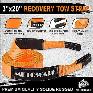 METOWARE Heavy Duty Tow Strap Recovery Kit - 3" x 20ft(35,000lbs) Tree Saver Winch Strap + 3/4" D Ring Shackles(2pcs) + Storage Bag - Truck, SUV, ATV Off Road Towing Strap Kit