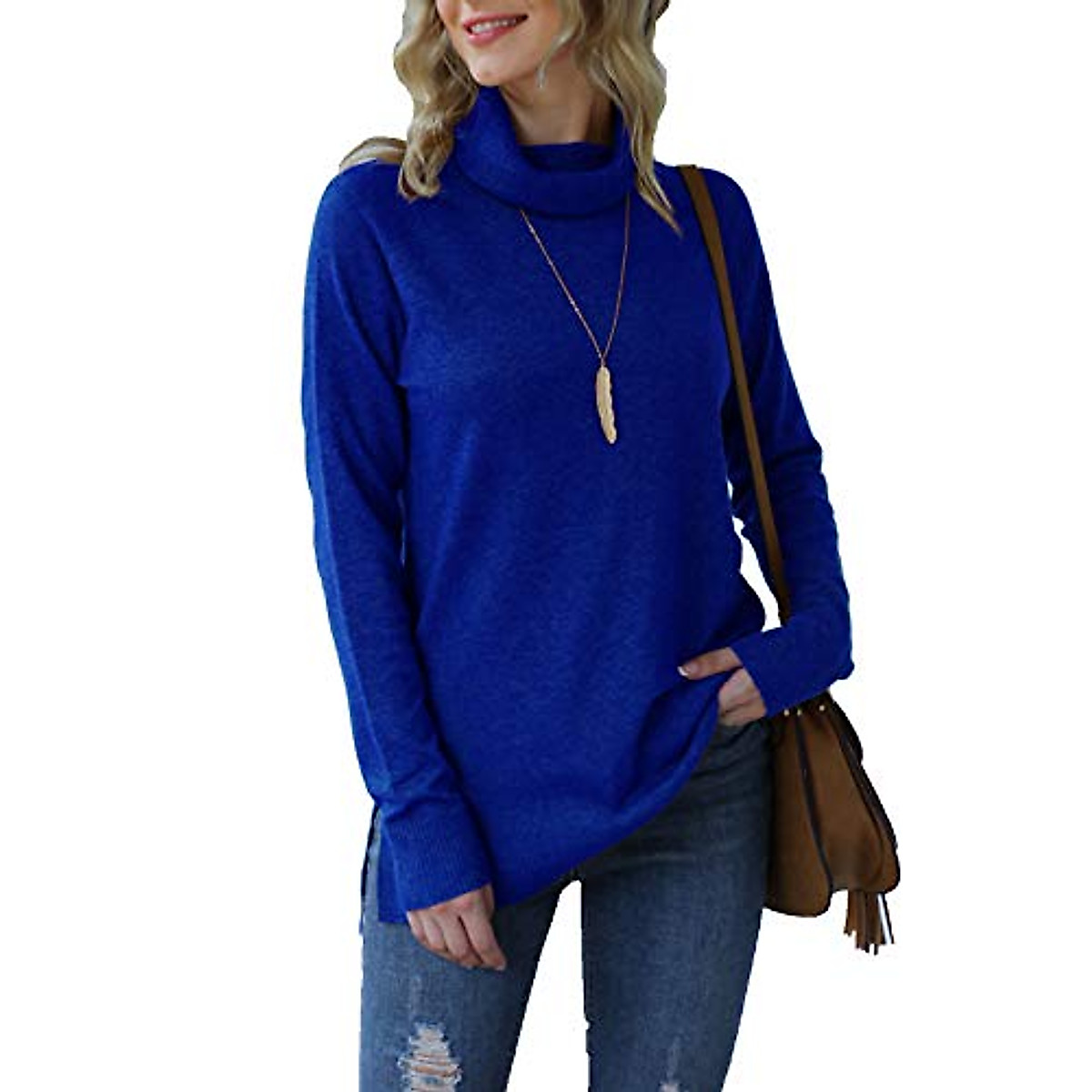 HWOKEFEIYU Womens Turtleneck Sweaters Long Sleeve Side Split Pullover Loose Knit Jumper(Royal Blue,X-Large)