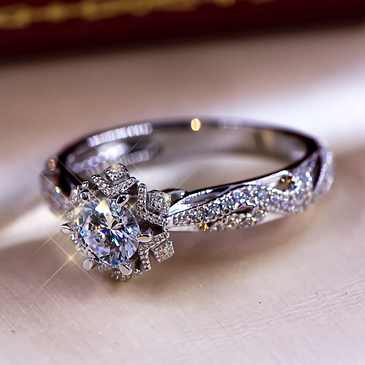 JESMING 925 Sterling Silver Plated Diamond Ring Hollow Out Flower Ring Cz Simulated Diamond Star Ring Crystal Rings Delicate Everyday Ring for Women (Silver, 7)