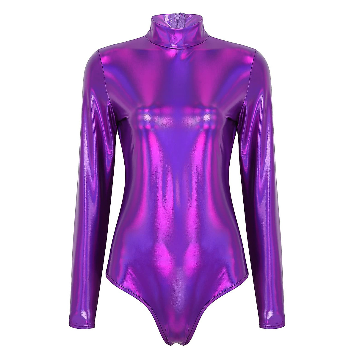 ACSUSS Womens Shiny Leather Long Sleeve Mock Neck Gymnastic Dance Leotard Bodysuit Clubwear Purple Medium