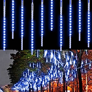 ohCome Meteor Shower Rain Drop Lights 50cm 10 Spiral Tubes 540 LEDs Waterproof Icicle Snowfall String Lights for Wedding Christmas Halloween Garden Tree Home Decor, Support 2 Sets Hook (Blue)