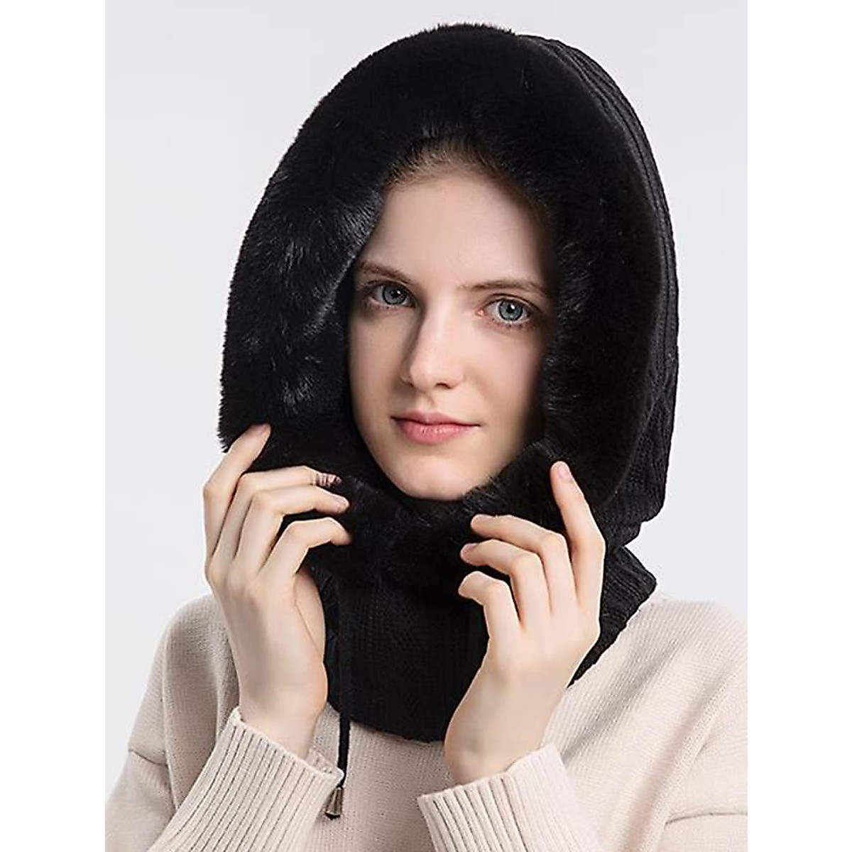Women One Piece Slouchy Fleece Beanie Hats Scarf Mask Drawstring Warm Hooded Winter Balaclava Pullover Knitted Hat Black