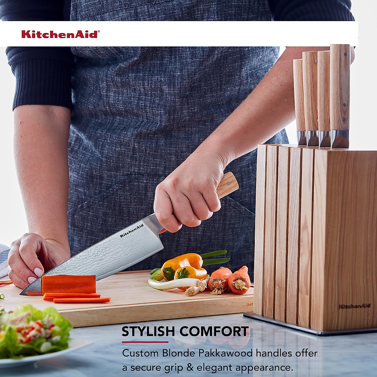 KitchenAid 6-Piece Ashwood Knife Block Set | Premium Damascus Steel Blades | Pakkawood Handles | Space-Saving Design | Includes Chef, Santoku, Slicing, Utility & Paring Knives | Kitchen Knife Set